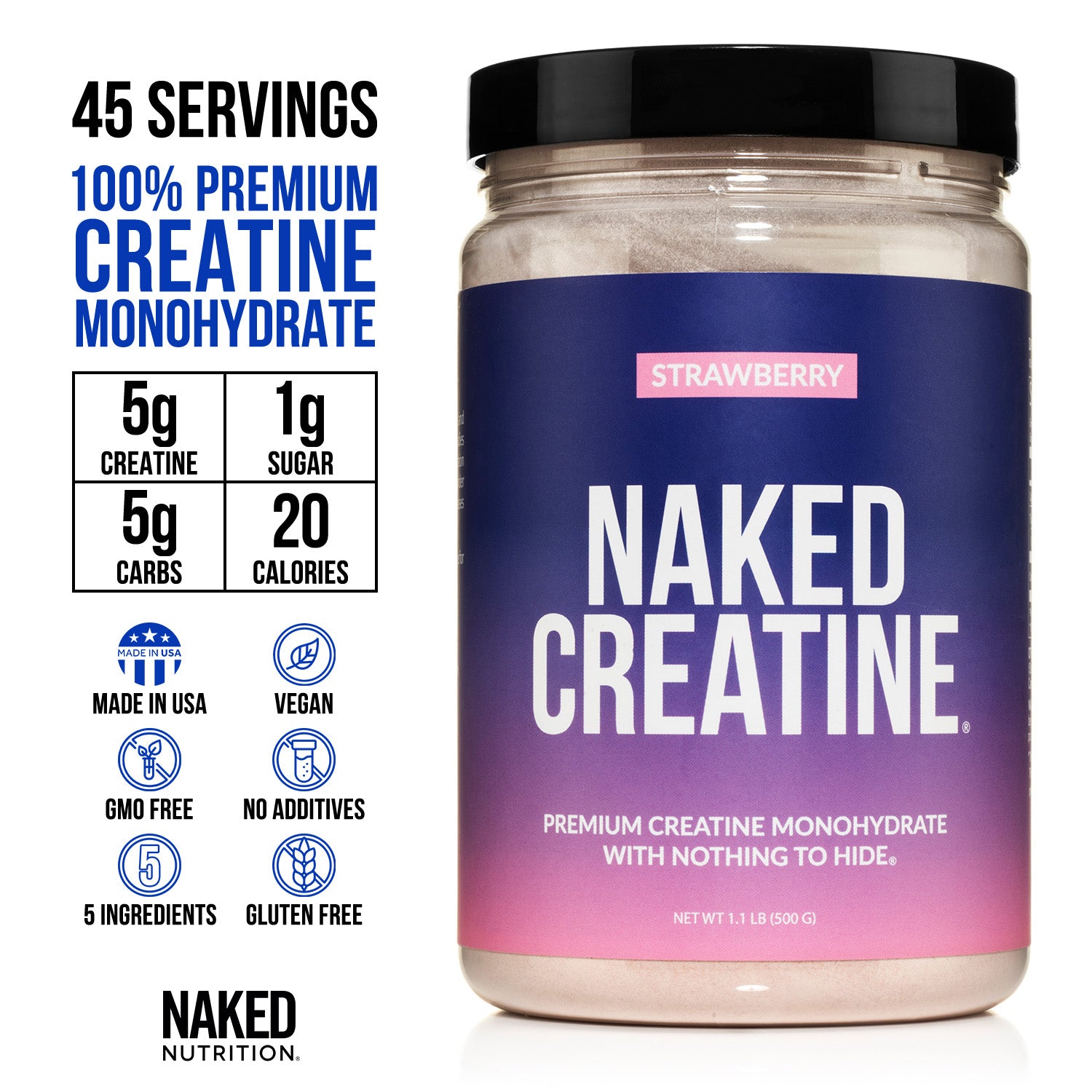 Strawberry Creatine Monohydrate Powder - Naked Creatine 1.1 LB